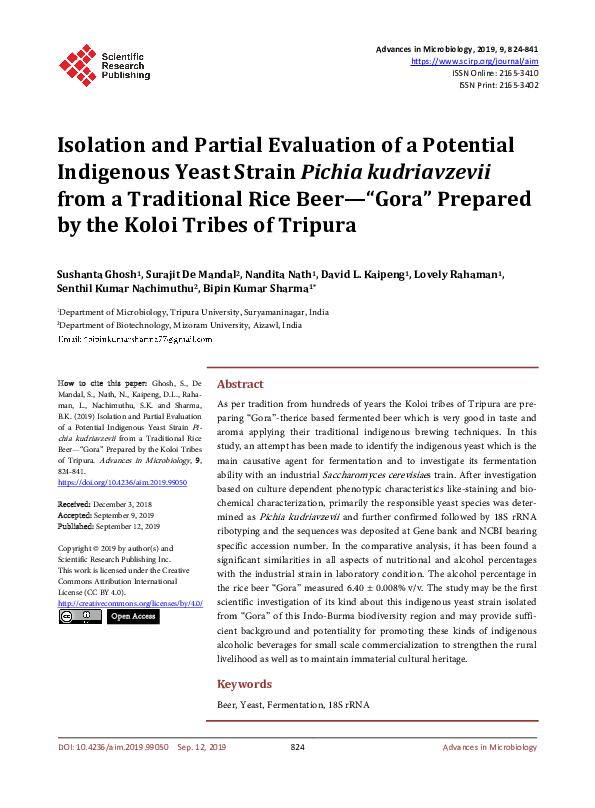 (PDF) Isolation and Partial Evaluation of a Potential Indigenous Yeast Strain Pichia ...