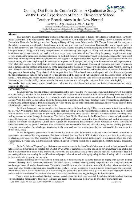 (PDF) Coming-Out from the Comfort Zone: A Qualitative Study on the ...