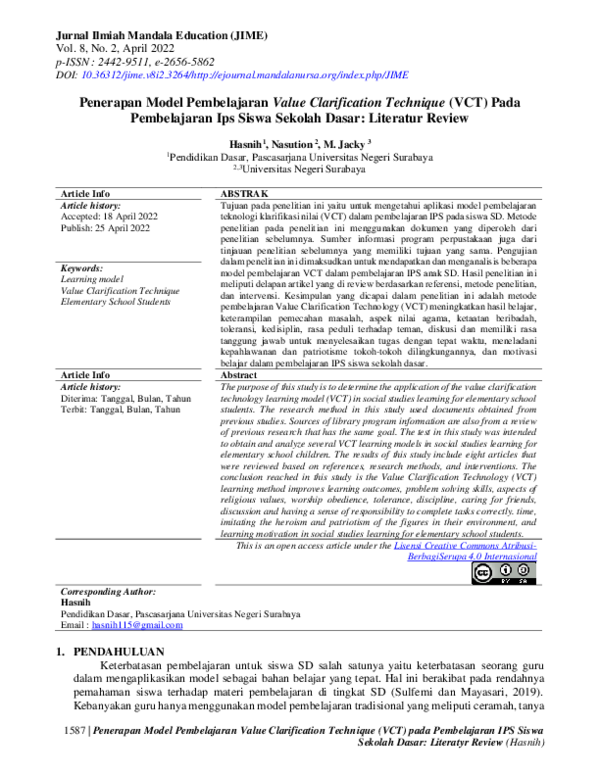 (PDF) Penerapan Model Pembelajaran Value Clarification Technique (VCT) Pada Pembelajaran Ips ...