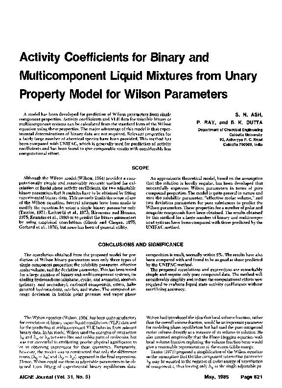 (PDF) Activity coefficients for binary and multicomponent liquid mixtures from unary property ...