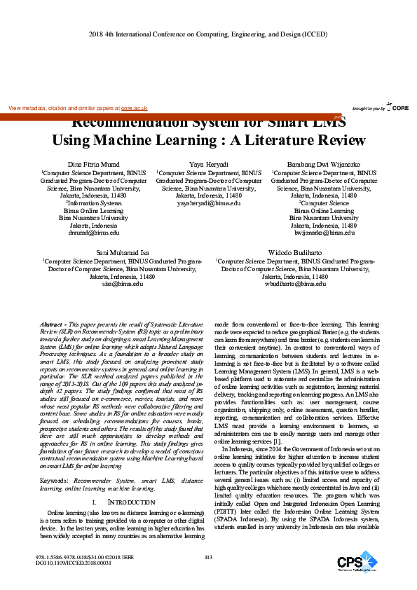 (PDF) Recommendation System for Smart LMS Using Machine Learning: A Literature Review