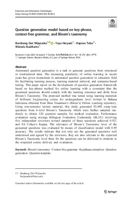 (PDF) Question generation model based on key-phrase, context-free grammar, and Bloom’s taxonomy