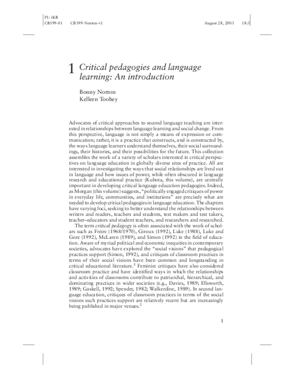 (PDF) Critical pedagogies and language learning: An introduction