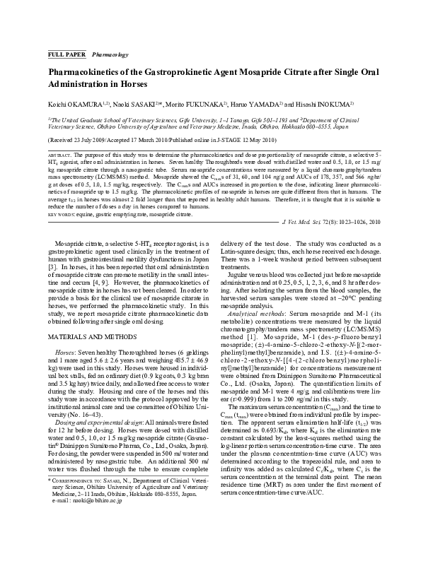 (PDF) Pharmacokinetics of the Gastroprokinetic Agent Mosapride Citrate ...