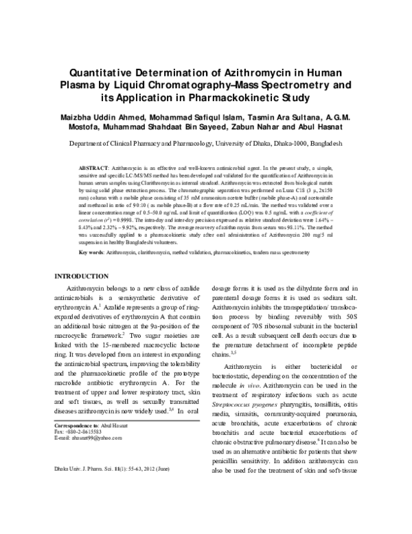 (PDF) Quantitative determination of azithromycin in plasma, blood and ...