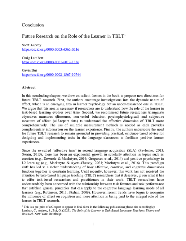 (DOC) (2022) Conclusion: Future Research on the Role of the Learner in TBLT