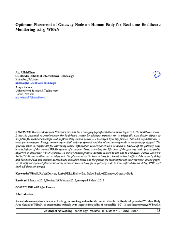 (PDF) Optimum placement of gateway node on human body for real-time healthcare monitoring using WBAN