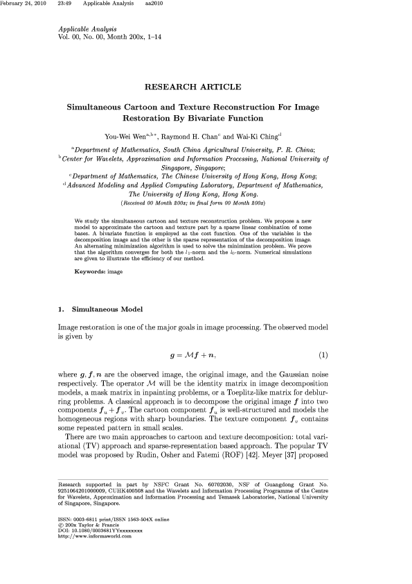 (PDF) Simultaneous cartoon and texture reconstruction for image restoration by bivariate function
