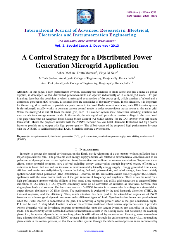 (PDF) A Control Strategy for a Distributed PowerGeneration Microgrid Application