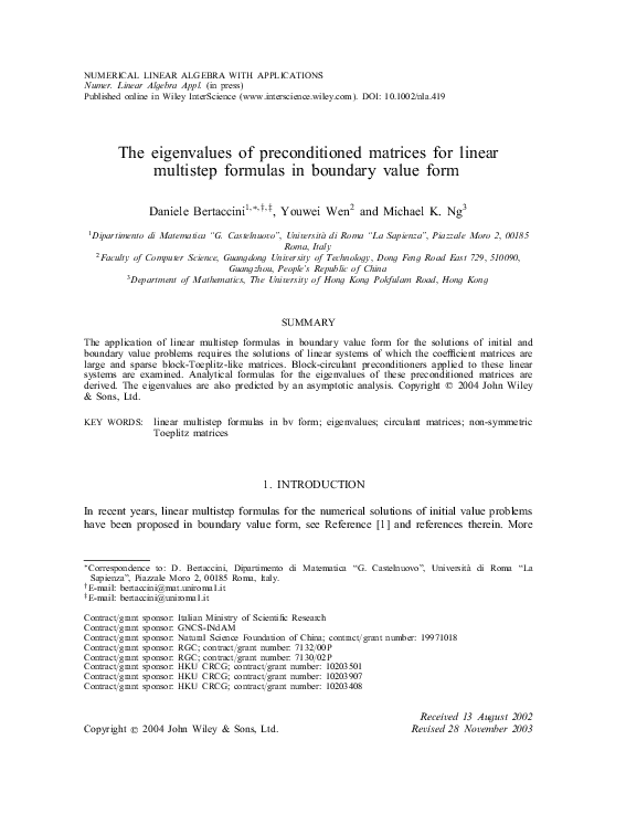 (PDF) The eigenvalues of preconditioned matrices for linear multistep formulas in boundary value ...