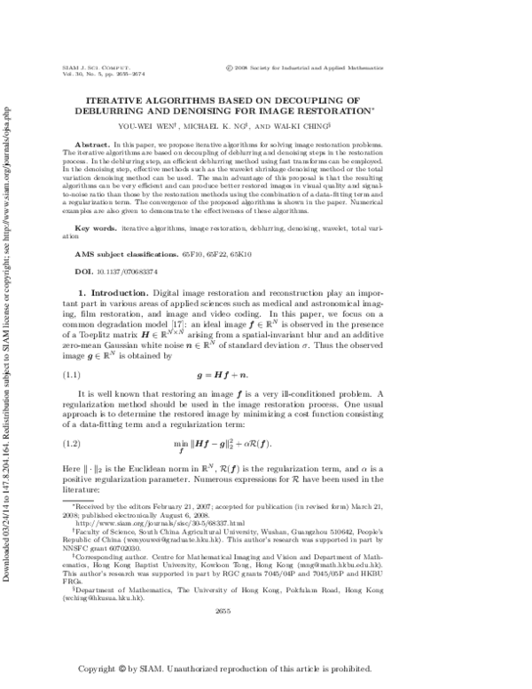Pdf Iterative Algorithms Based On Decoupling Of Deblurring And Denoising For Image Restoration