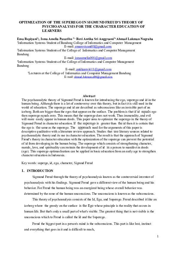 (DOC) OPTIMIZATION OF THE SUPEREGO IN SIGMUND FREUD'S THEORY OF PSYCHOANALYSIS FOR THE CHARACTER ...