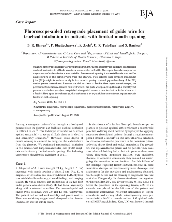 (PDF) Fluoroscope-aided retrograde placement of guide wire for tracheal ...