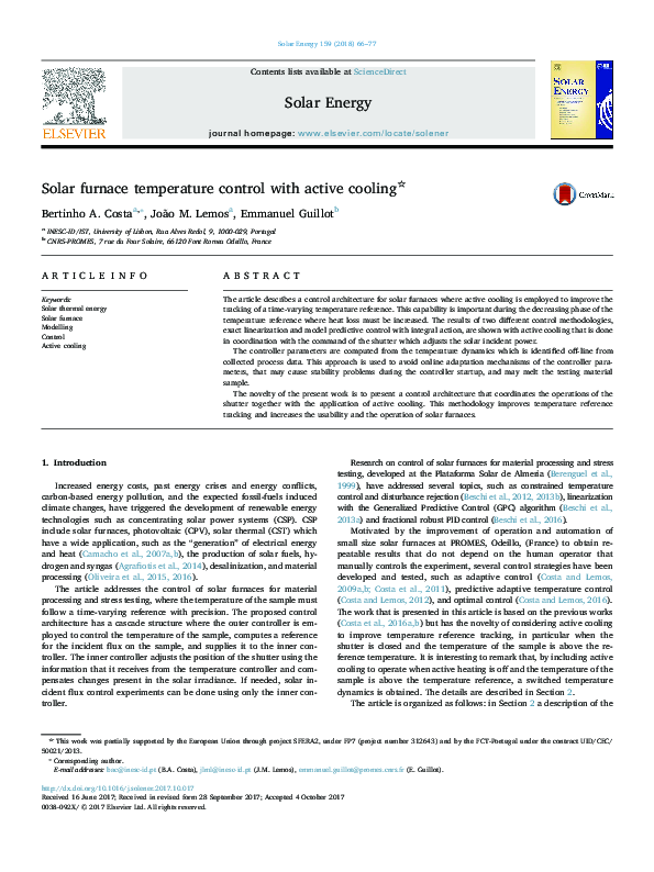 (PDF) Solar furnace temperature control with active cooling