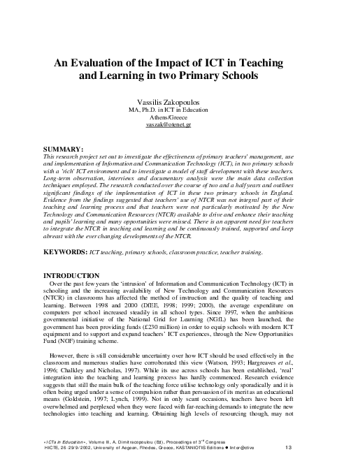 (PDF) An Evaluation of the Impact of ICT in Teaching and Learning in two Primary Schools