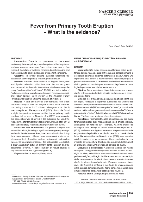 (PDF) Fever from Primary Tooth Eruption – What is the evidence?