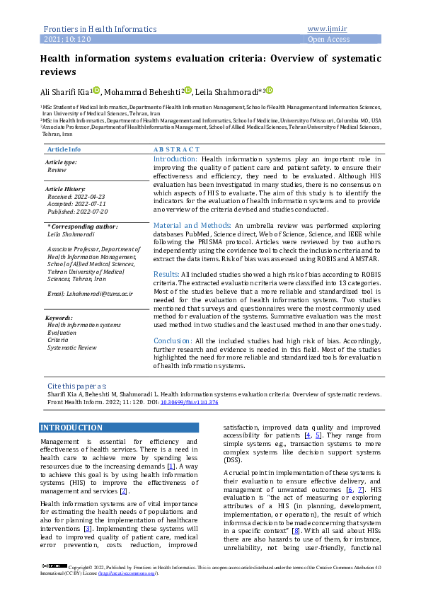 (PDF) Health Information Systems Evaluation Criteria: Overview of ...