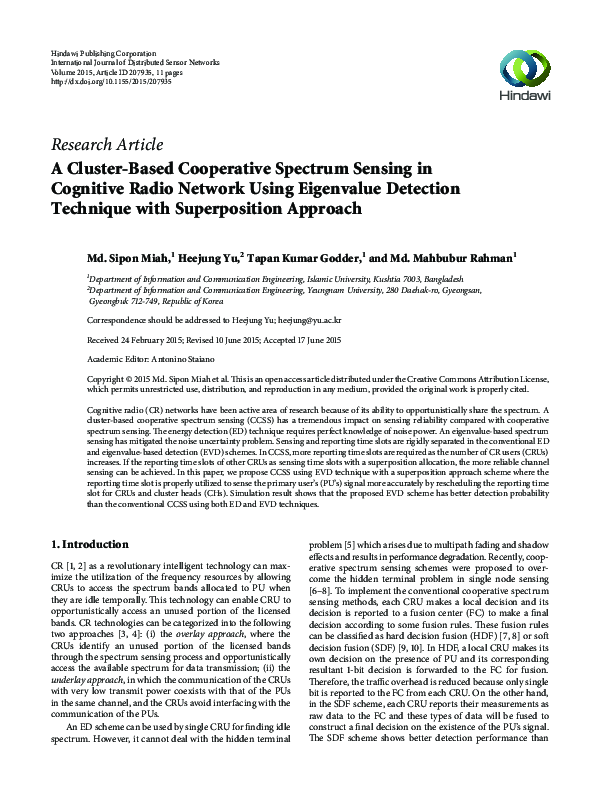 Pdf A Cluster Based Cooperative Spectrum Sensing In Cognitive Radio Network Using Eigenvalue