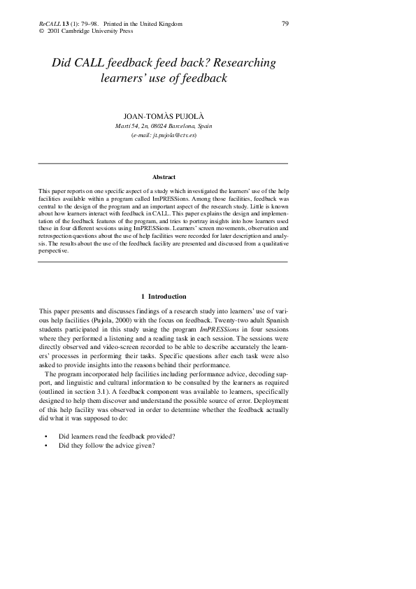 (PDF) Did CALL feedback feed back? Researching learners’ use of feedback