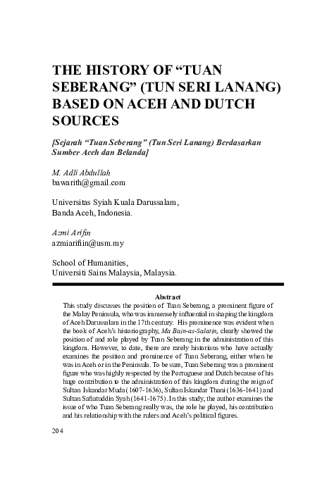 (PDF) The History of "Tuan Seberang" (Tun Seri Lanang) Based on Aceh ...