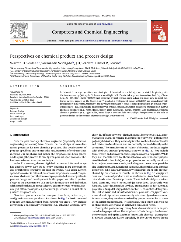 (PDF) Perspectives on chemical product and process design