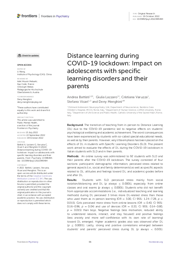 (PDF) Distance learning during COVID-19 lockdown: Impact on adolescents with specific learning ...