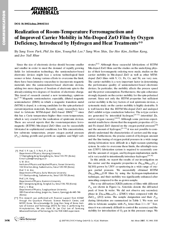 (PDF) Realization of Room-Temperature Ferromagnetism and of Improved Carrier Mobility in Mn ...