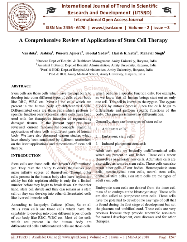 (PDF) A Comprehensive Review of Applications of Stem Cell Therapy