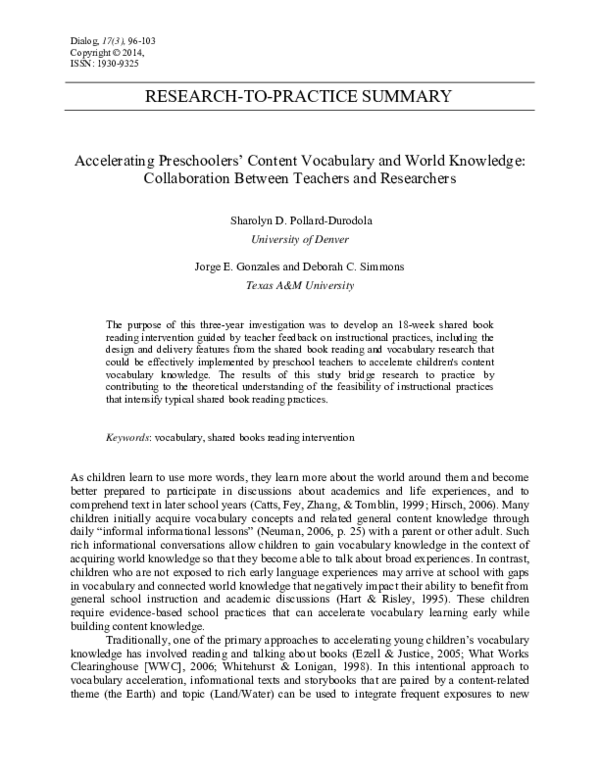 (PDF) Accelerating preschoolers' content vocabulary: Designing a shared book intervention in ...