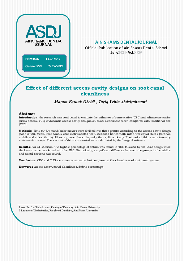 Pdf Effect Of Different Access Cavity Designs On Root Canal Cleanliness Maram Obeid
