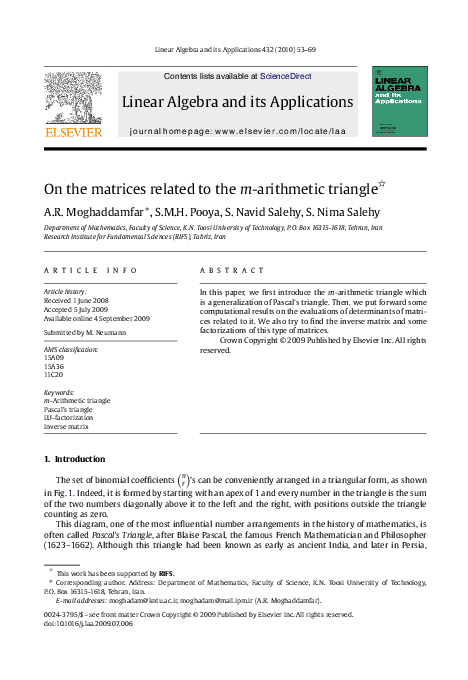 (PDF) On the matrices related to the m-arithmetic triangle