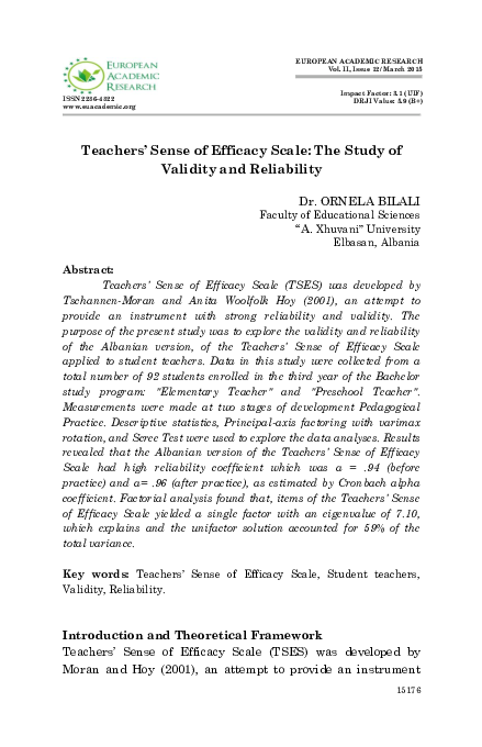 (PDF) Teachers' Sense of Efficacy Scale: The Study of Validity and Reliability