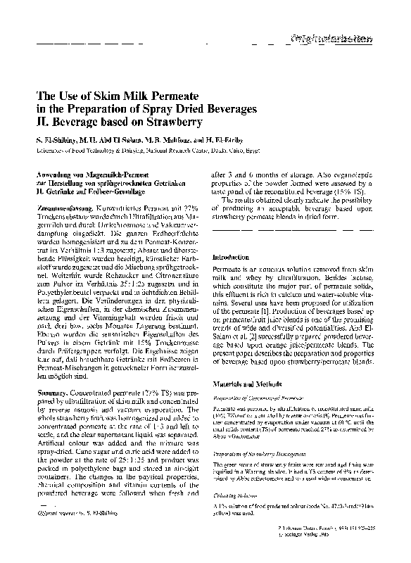 (PDF) The use of skim milk permeate in the preparation of spray dried ...