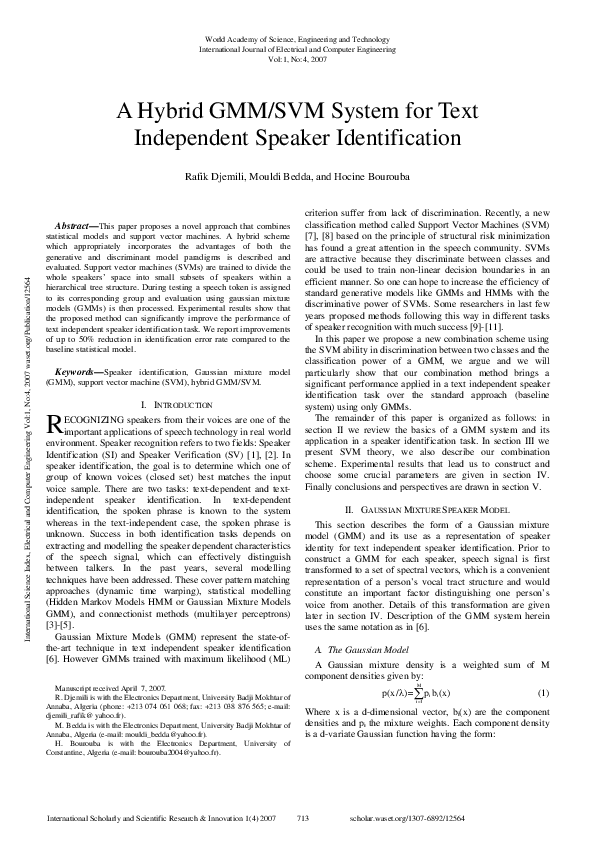 Pdf A Hybrid Gmm Svm System For Text Independent Speaker
