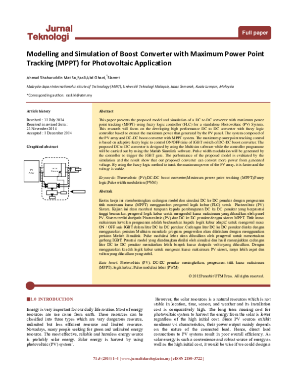 Pdf Modelling And Simulation Of Boost Converter With Maximum Power Point Tracking Mppt For 