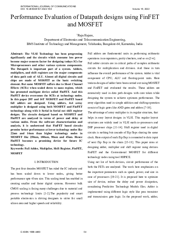(PDF) Performance Evaluation of Datapath designs using FinFET and MOSFET