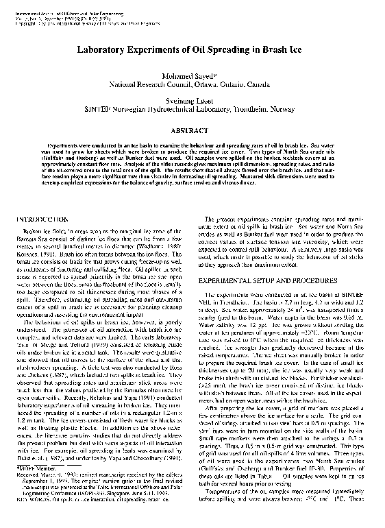 (PDF) Laboratory experiments of oil spreading in brash ice
