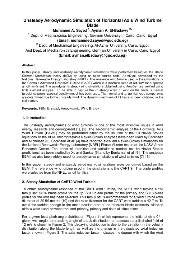 Pdf Unsteady Aerodynamic Simulation Of Horizontal Axis Wind Turbine Blade
