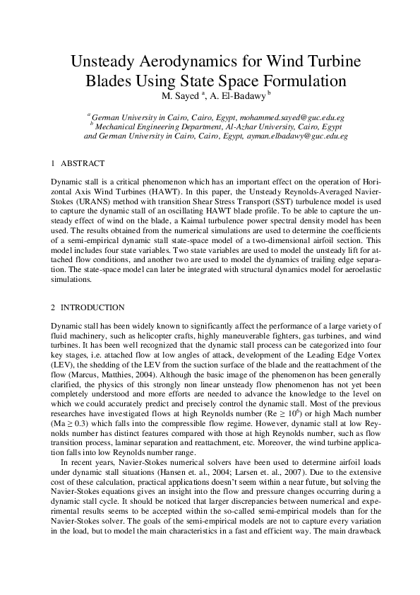 Pdf Unsteady Aerodynamics For Wind Turbine Blades Using State Space Formulation