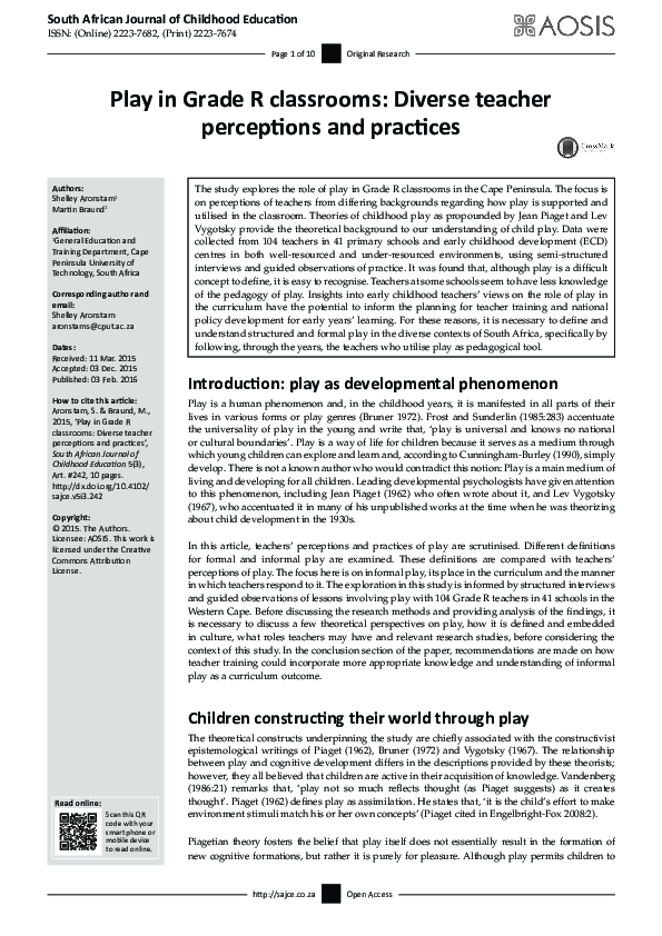 (PDF) Play in Grade R classrooms: Diverse teacher perceptions and practices