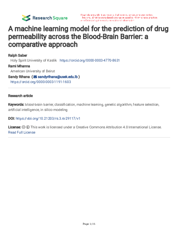 (PDF) A machine learning model for the prediction of drug permeability across the Blood-Brain ...