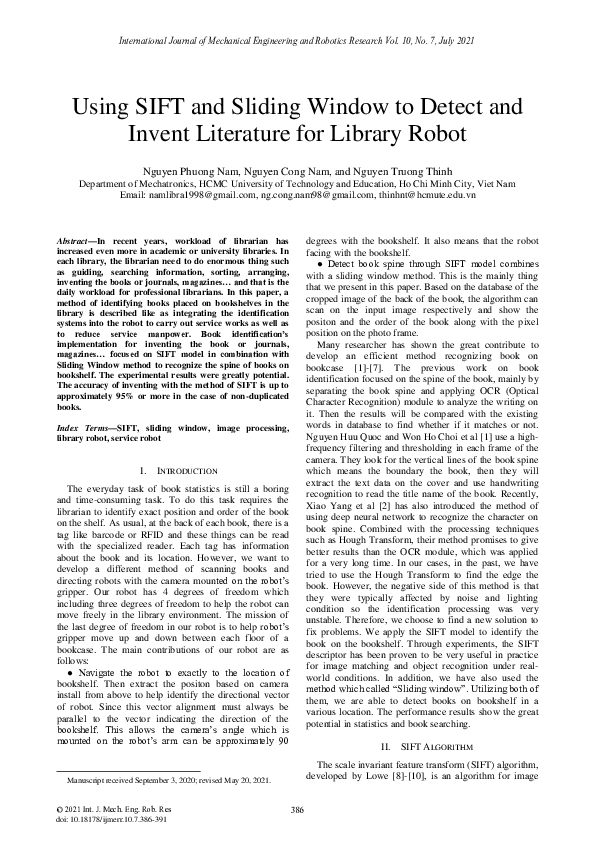 (PDF) Using SIFT and Sliding Window to Detect and Invent Literature for Library Robot