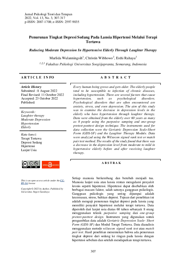 (PDF) Penurunan Tingkat Depresi Sedang Pada Lansia Hipertensi Melalui Terapi Tertawa