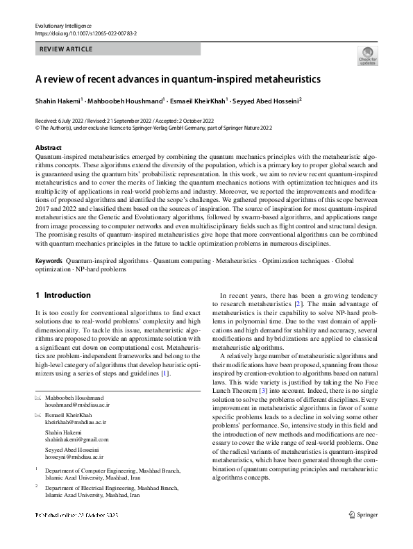 Pdf A Review Of Recent Advances In Quantum Inspired Metaheuristics