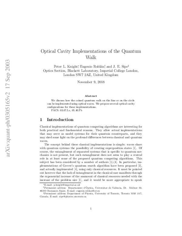 (PDF) Optical cavity implementations of the quantum walk