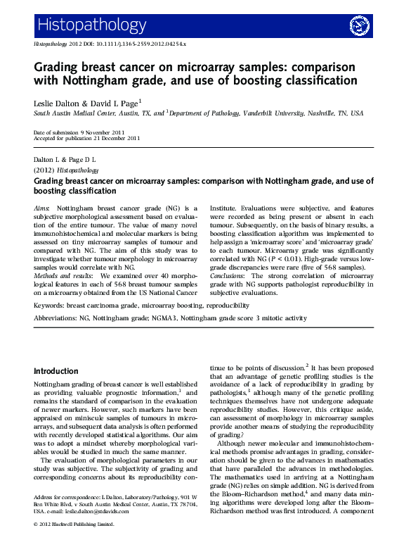 (PDF) Grading breast cancer on microarray samples: comparison with ...