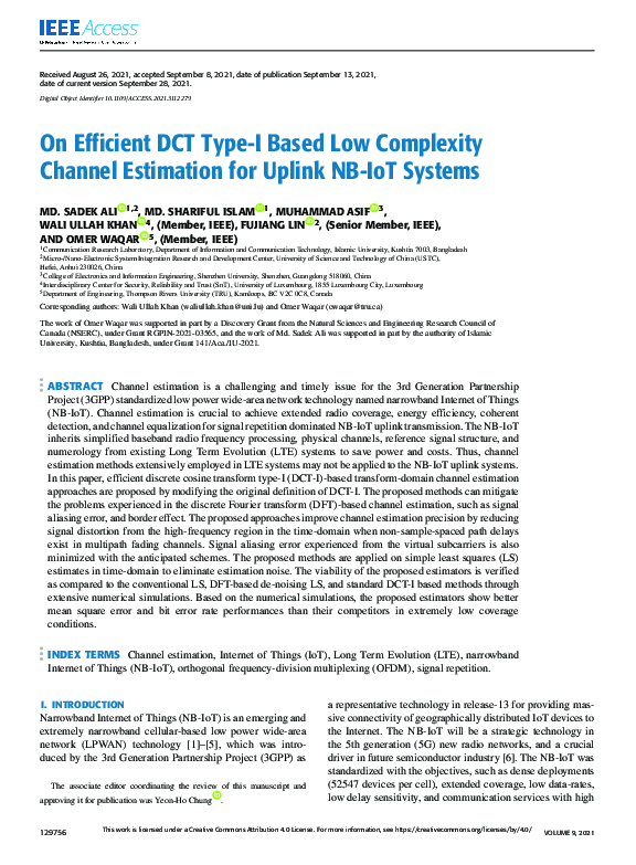 (PDF) On Efficient DCT Type-I Based Low Complexity Channel Estimation for Uplink NB-IoT Systems
