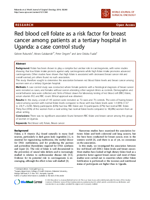 (PDF) Red blood cell folate as a risk factor for breast cancer among ...