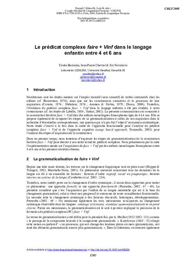 (PDF) Le prédicat complexe faire + Vinf dans le langage enfantin entre ...