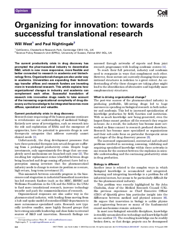 (PDF) Organizing for innovation: towards successful translational research